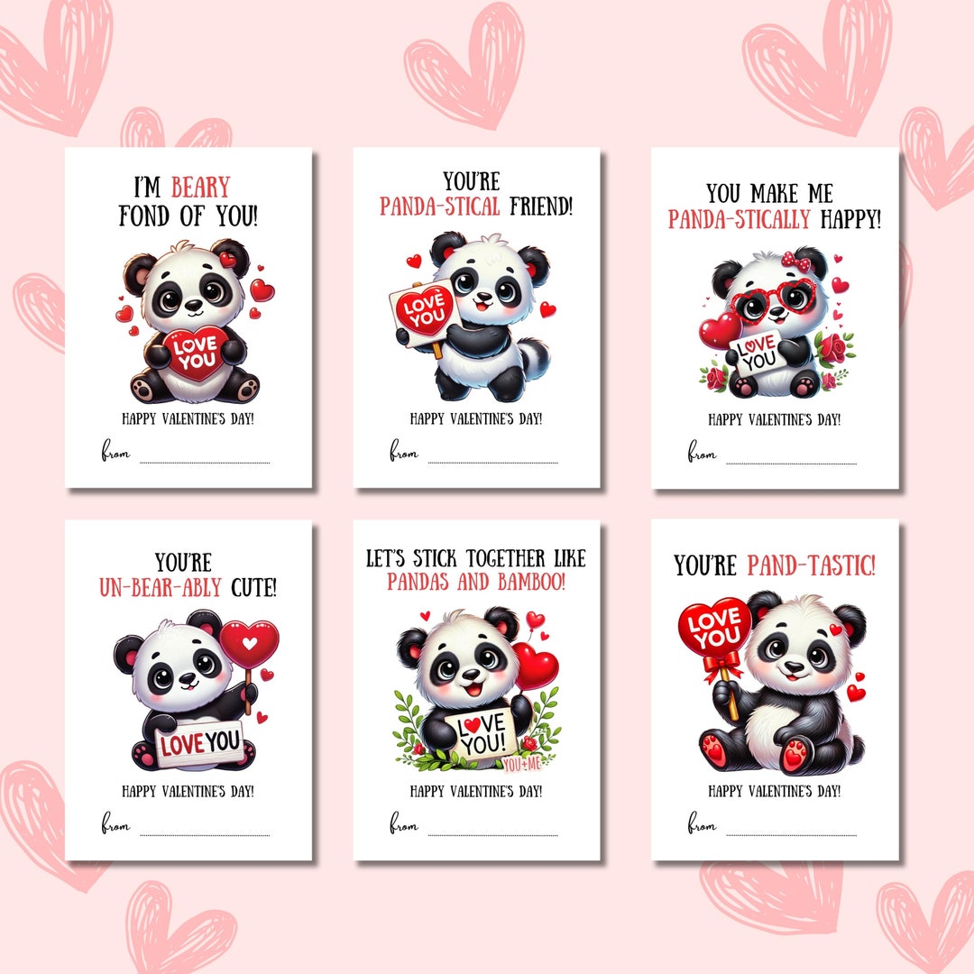 Panda Kids Valentine's Day Cards, Funny Printable Classroom Valentine ...