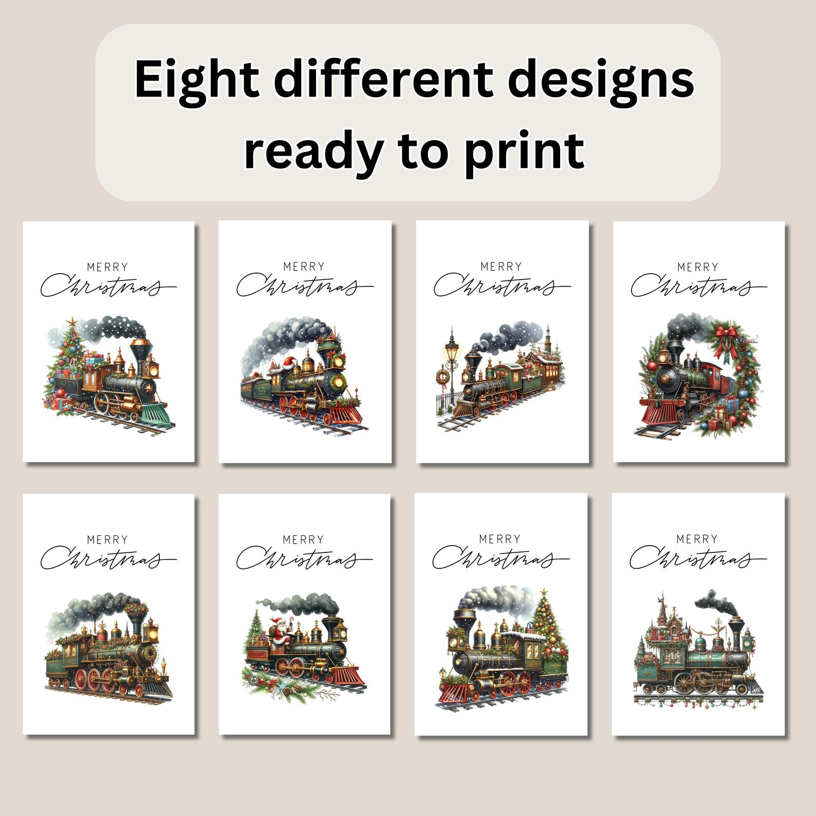 Vintage Christmas Train Cards: 8 Printable Holiday Greetings (digital ...