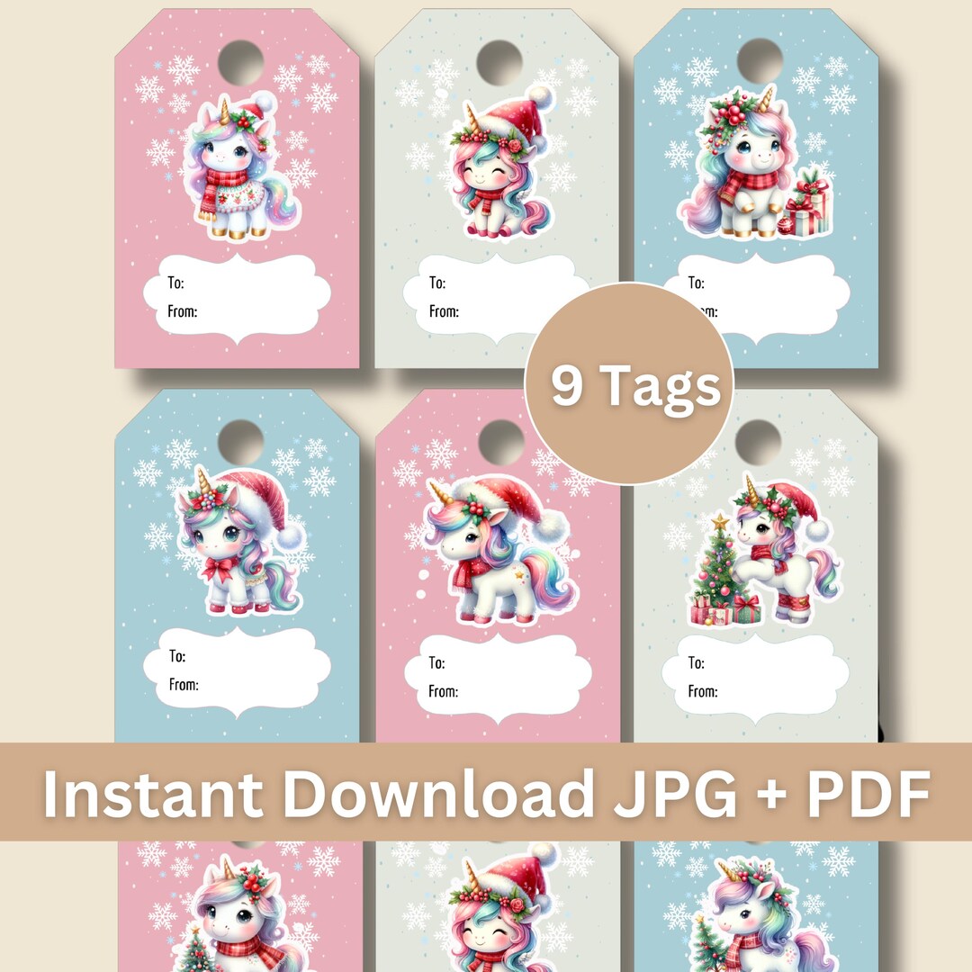 Christmas Unicorn Printable Gift Tags, 9 Present Tags, Holiday Crafts ...
