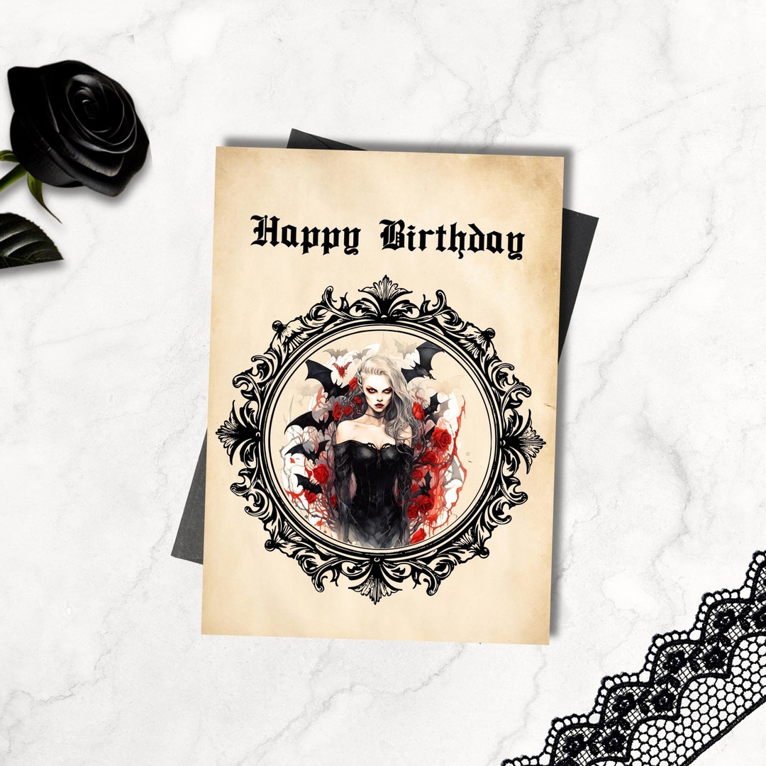 Printable Gothic Vampire Birthday Card: Elegant Dark Goth Design (5x7 ...