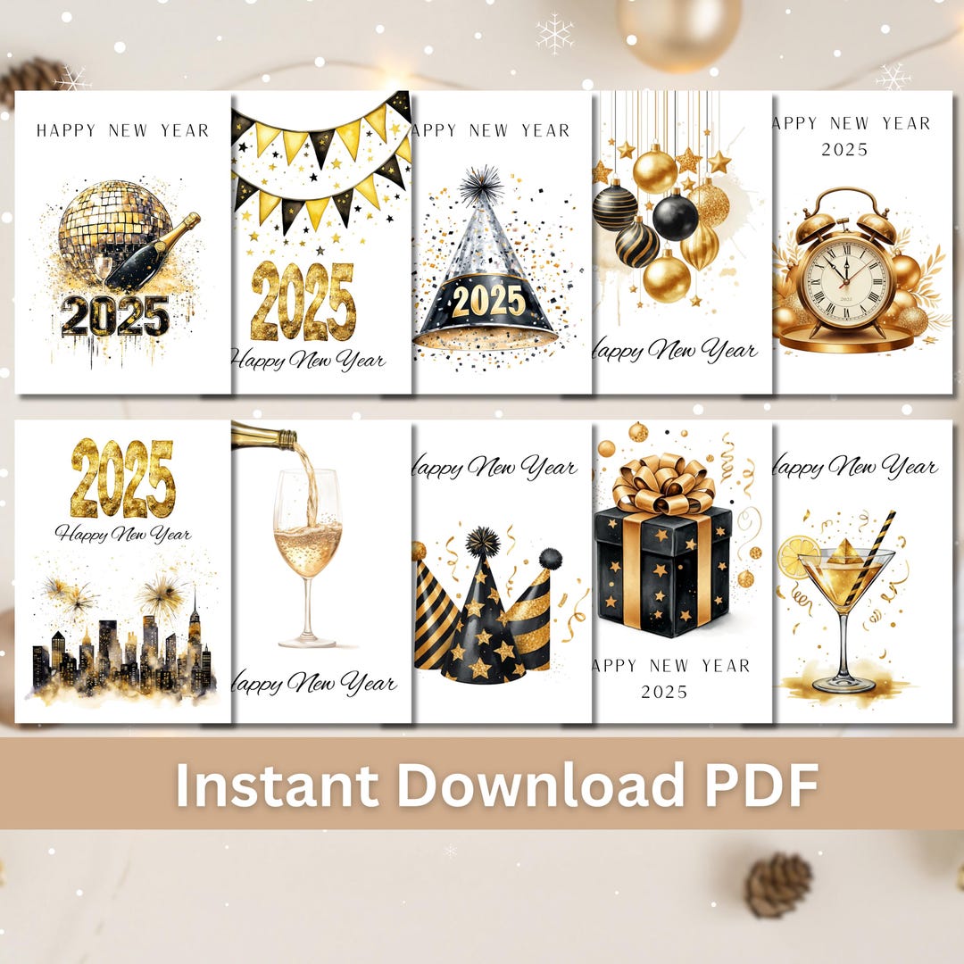 Set of 10 Printable Happy New Year Cards, 5x7 Greetings Cards, Card ...