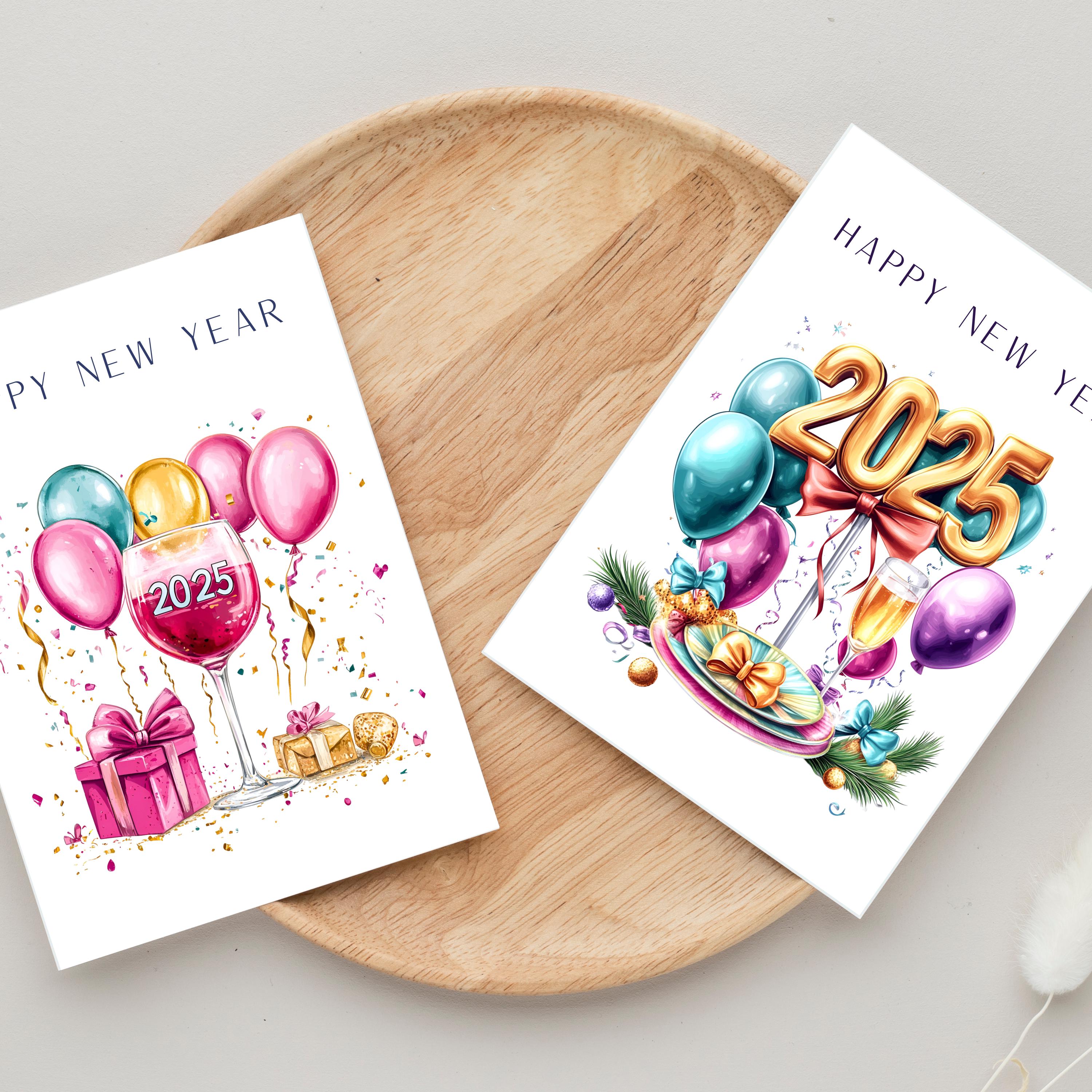 Set of 6 Printable Happy New Year Cards, 5x7 Greetings Cards, Card ...