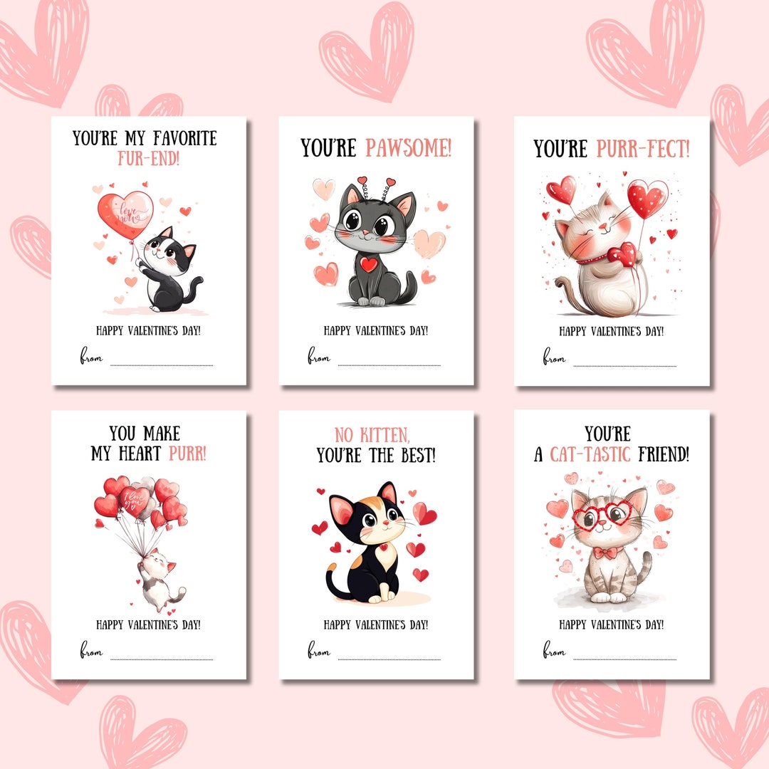 Cat Valentine's Day Cards: 6 Funny Kids Classroom Printables (PDF) - Etsy