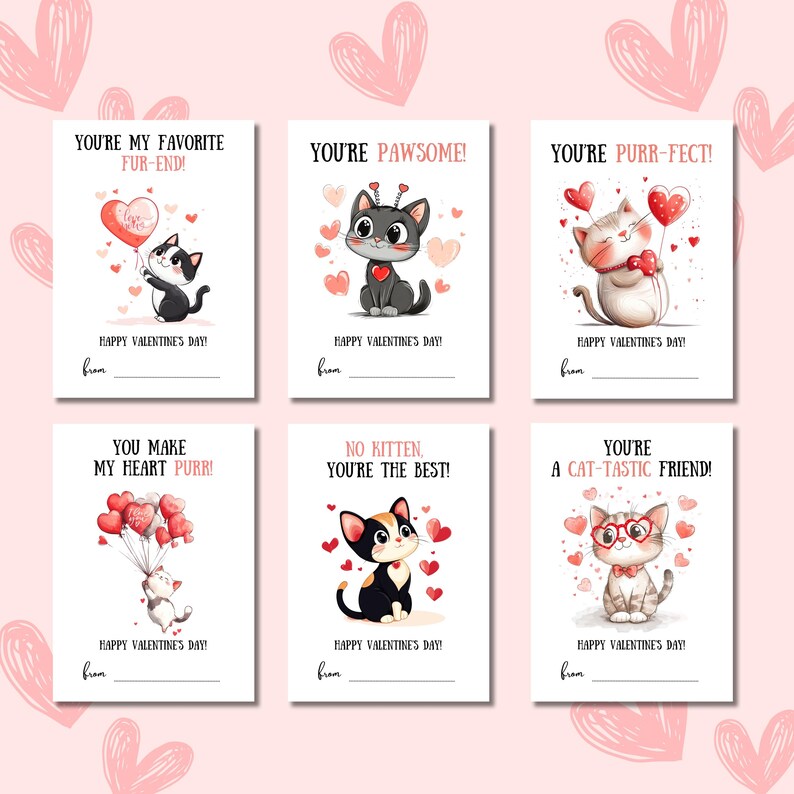 Cat Valentine's Day Cards: 6 Funny Kids Classroom Printables (PDF) - Etsy