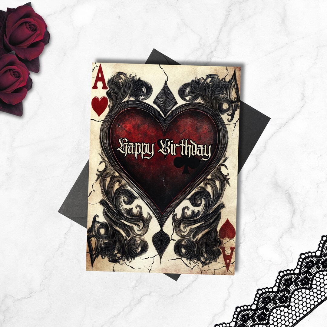 Printable Gothic Birthday Card, Goth Gift, Red Heart Gothic Card 5x7 ...