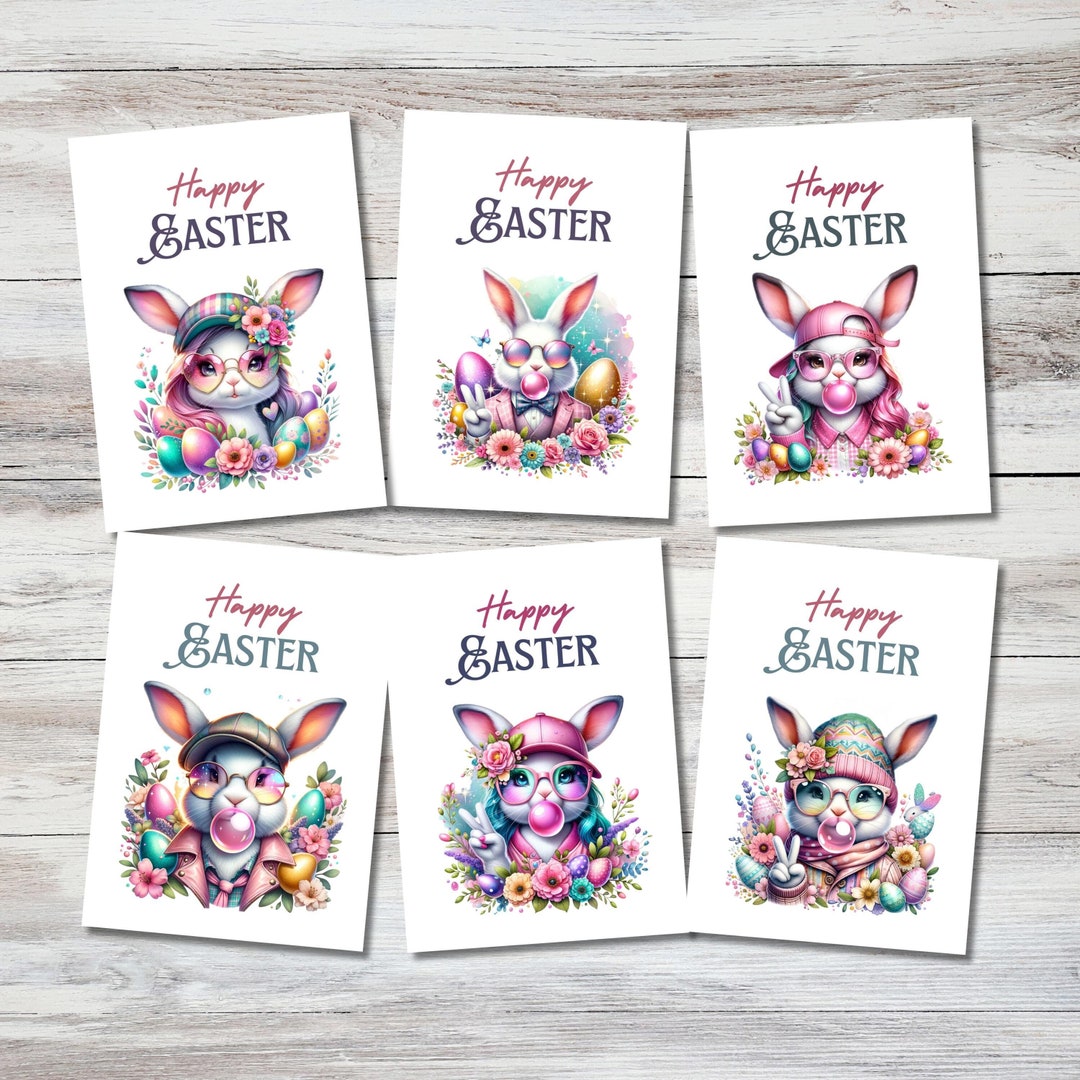 Printable Easter Bunny Cards - Set of 6, Cute Easter Greeting Card ...