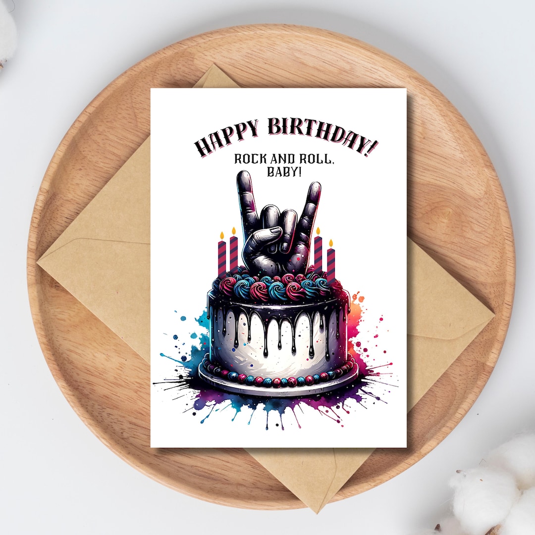 Printable Rock and Roll Birthday Card: Metal Horns Cake Art (digital ...