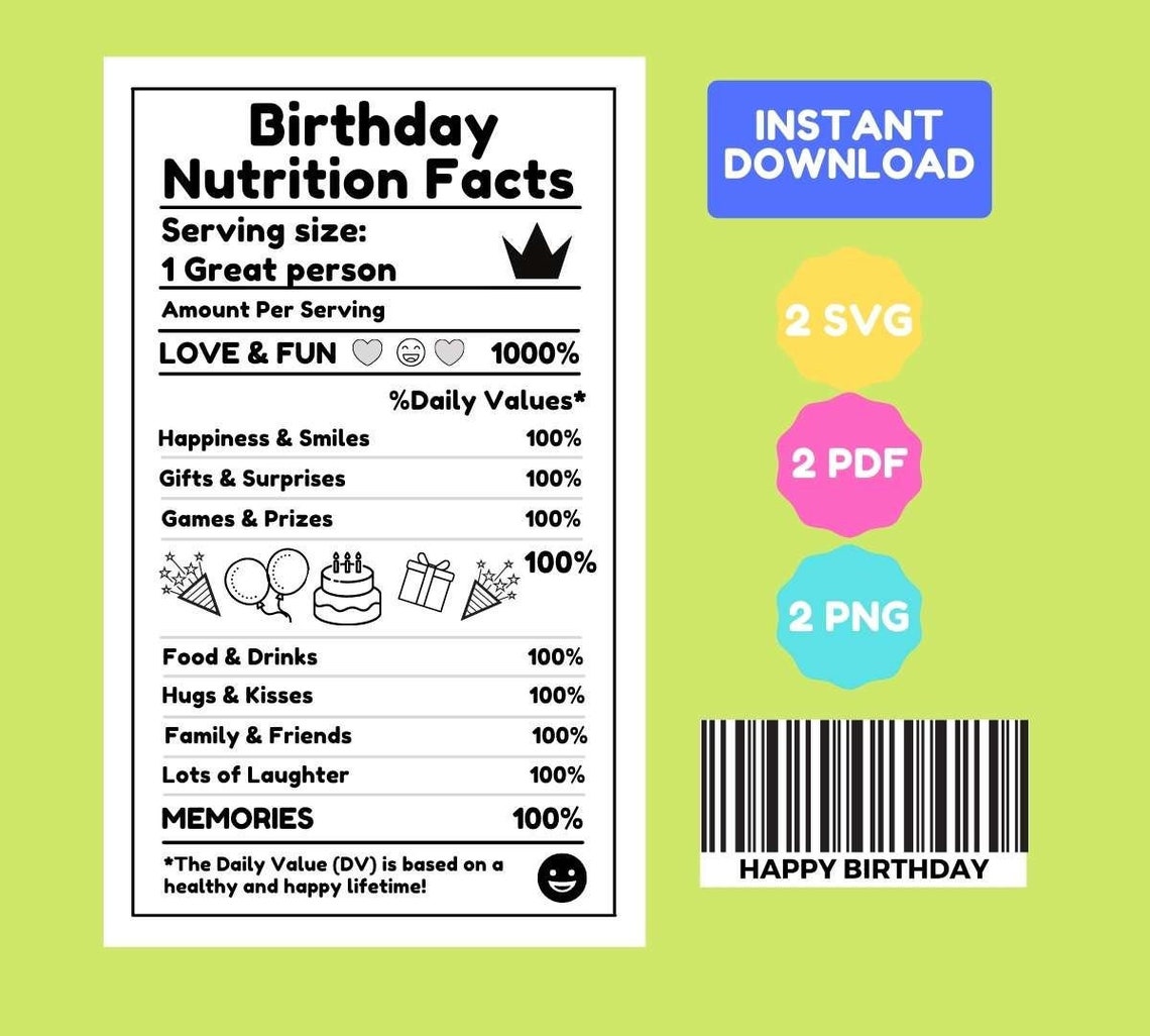 Birthday Nutrition Facts SVG Birthday Barcode PDF Water | Etsy