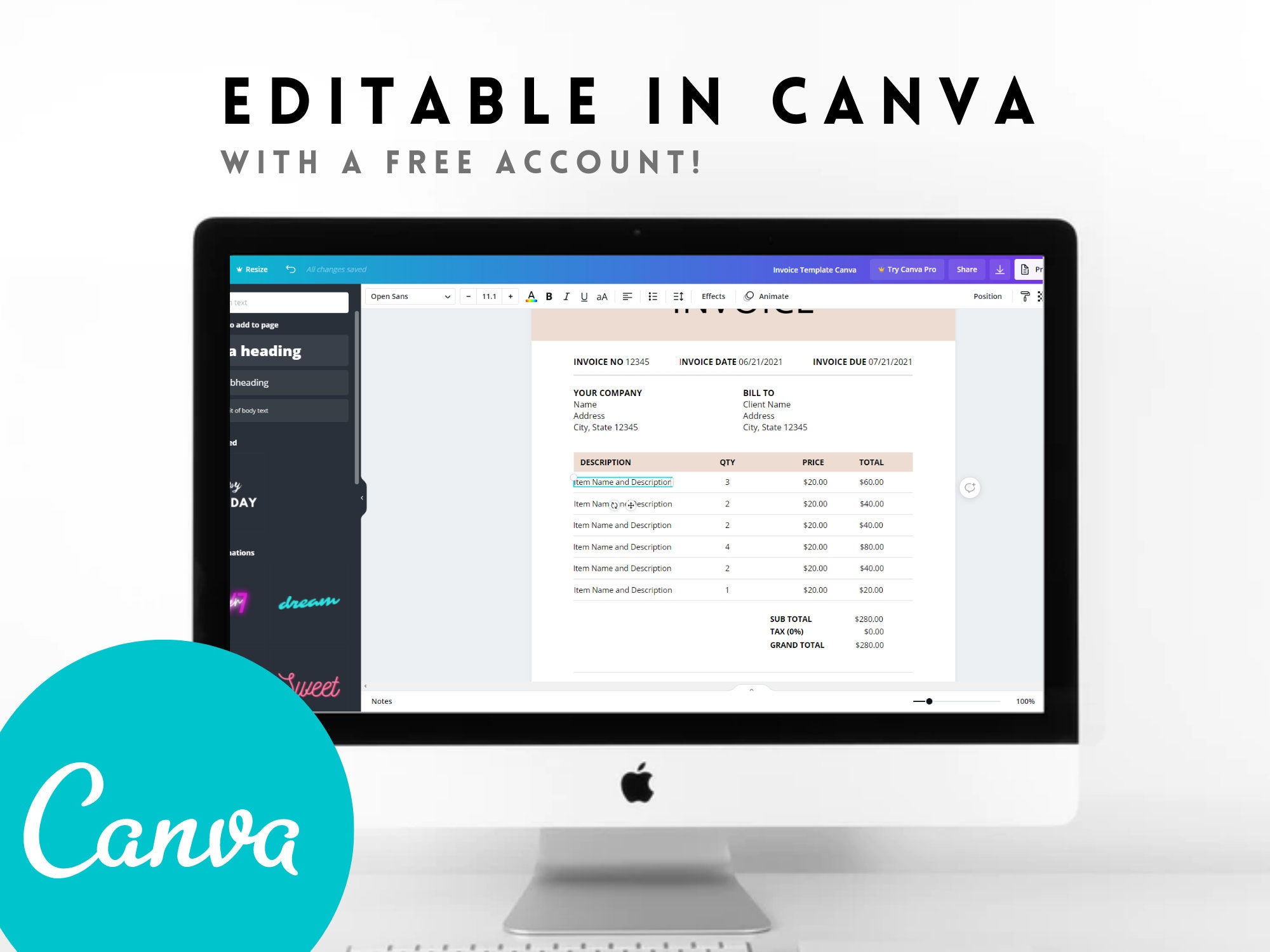 Invoice Template Download Canva Minimal Design Printable Invoice ...