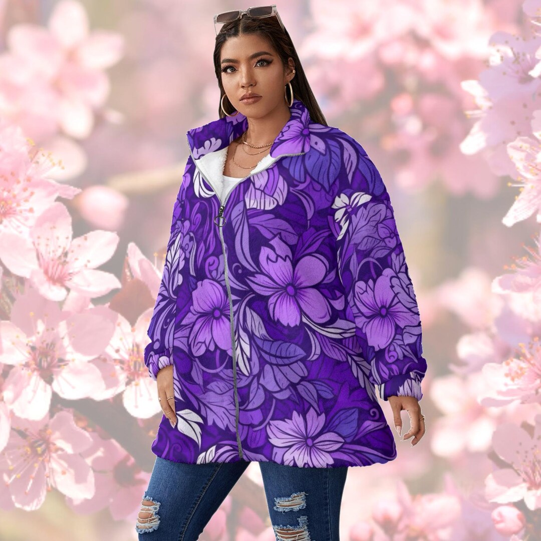 Plus Size Purple Floral Jacket, Borg Fleece Coat, Purple Flower Coat ...