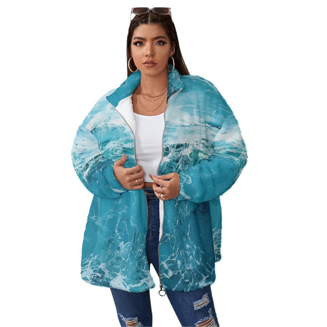 Plus Size Ocean Wave Jacket, Borg Fleece Coat, Waves Coat, Marine Theme Jacket, Mermaidcore ...