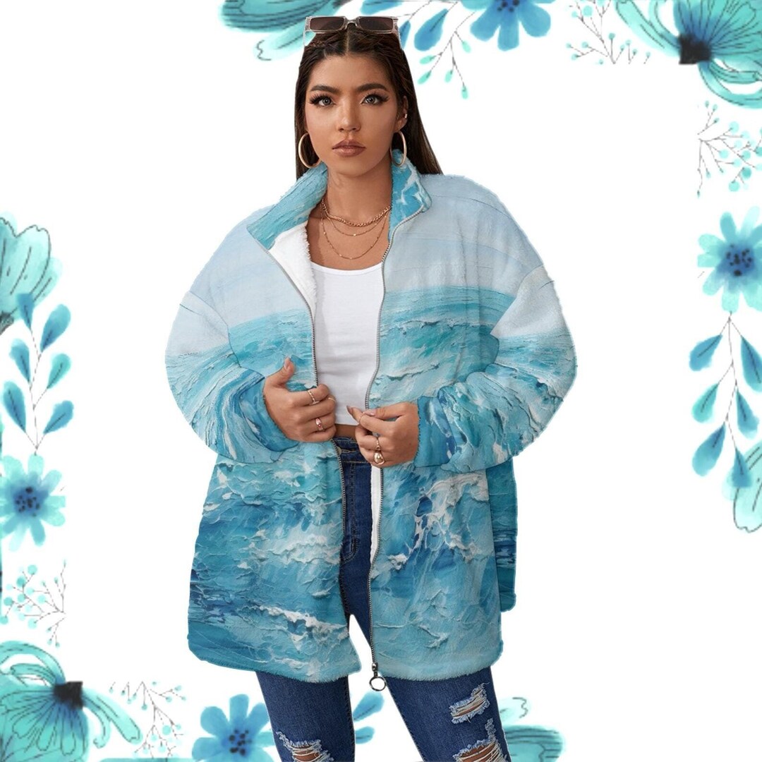 Plus Size Ocean Wave Borg Fleece Jacket, Marine Theme Coat - Etsy