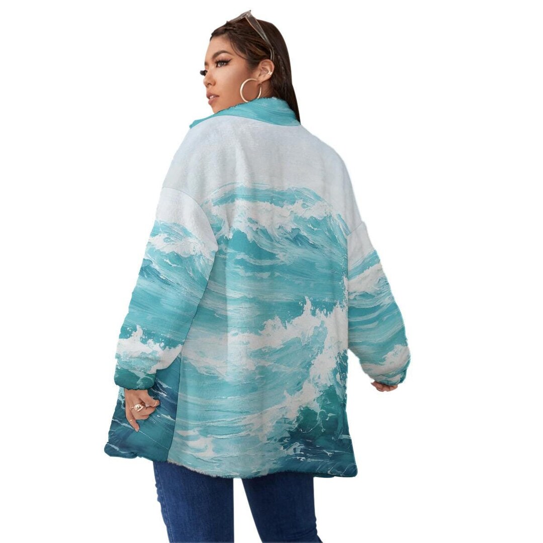 Plus Size Ocean Wave Jacket, Borg Fleece Coat, Waves Coat, Marine Theme Jacket, Mermaidcore ...
