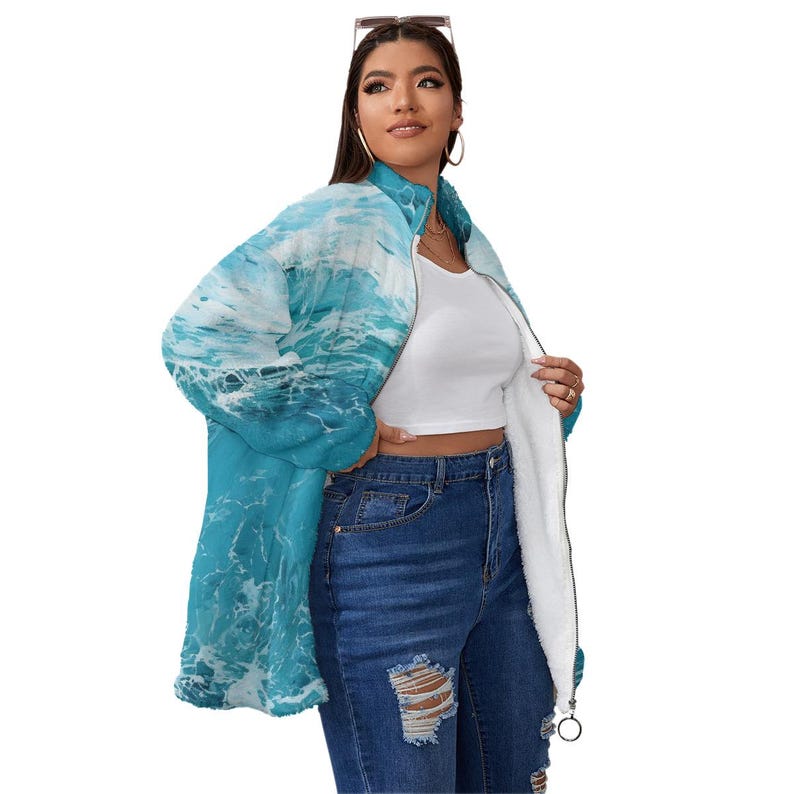 Plus Size Ocean Wave Jacket, Borg Fleece Coat, Waves Coat, Marine Theme ...