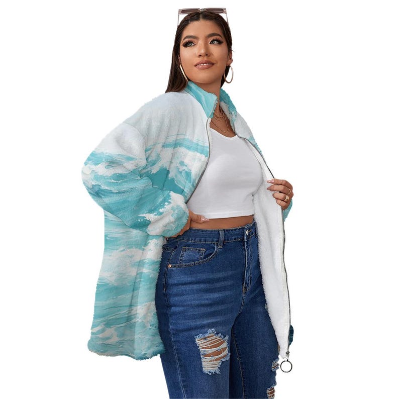 Plus Size Ocean Wave Jacket, Borg Fleece Coat, Waves Coat, Marine Theme ...