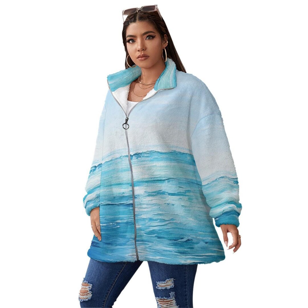 Plus Size Ocean Wave Jacket, Borg Fleece Coat, Waves Coat, Marine Theme Jacket, Mermaidcore ...