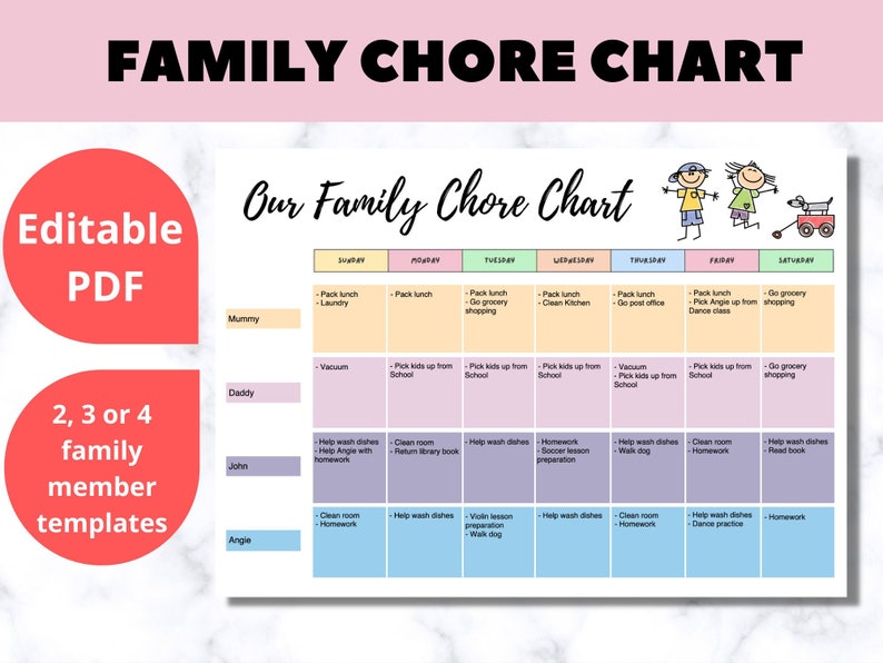 Family Kids Chore Chart Printable, Editable Chore Chart, Routine Chart ...
