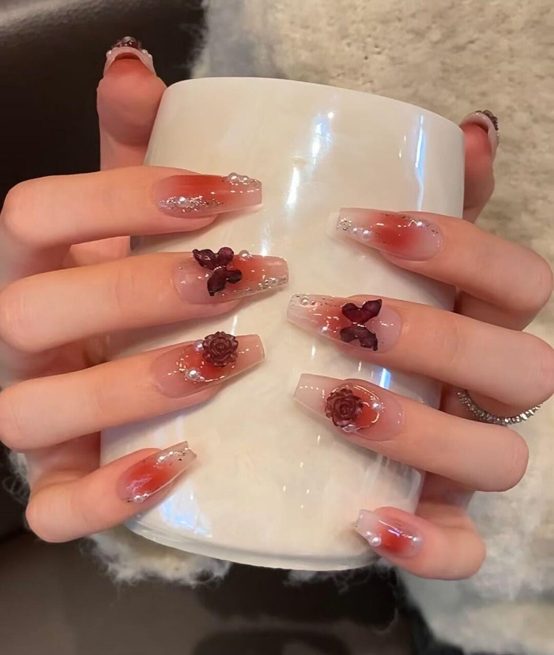Deep Burgundy Flower on the Pearls Press on Nails | Elegant Nails ...