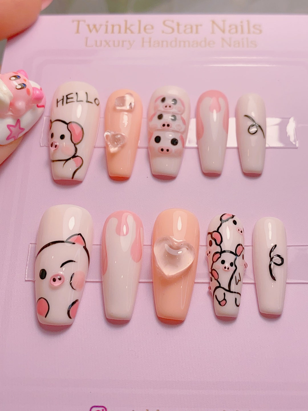 Hello Piggy Press on Nails | Cute Piggy Nails | Hand-painted Piggy ...