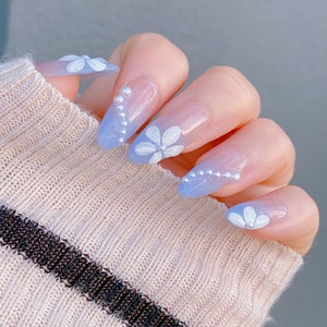 Elegant Ombré Light Blue Flower Press on Nails | Hand-painted Nails ...
