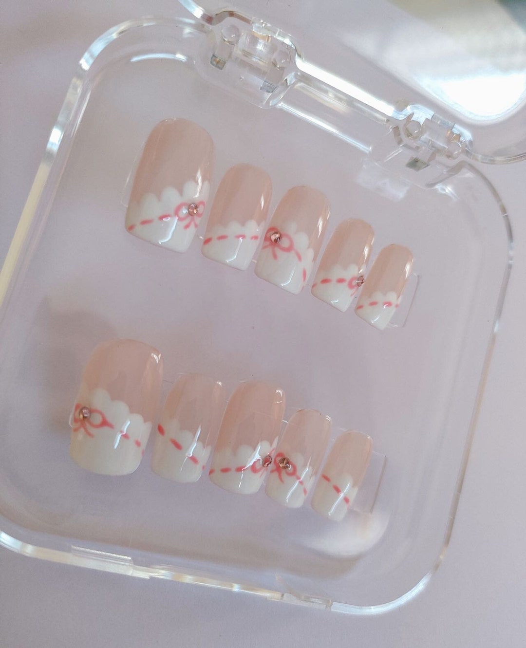 Cute Wavy White French and Pink Ribbon Press on Nails | Unique Nails ...