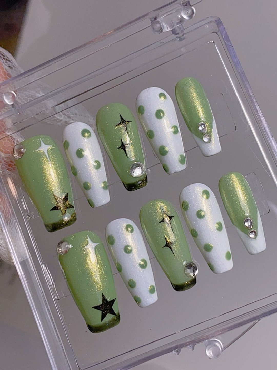 Shimmering Lush Greenery Stars Durable Nails Reusable Nails Gel Nails ...