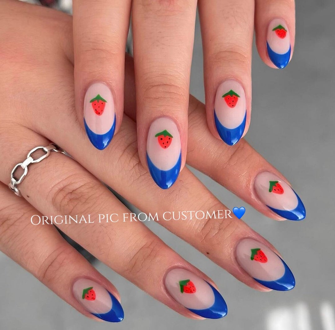 Royal Blue Tip With Tiny Strawberries | Cute Nails | French Tip Nails ...