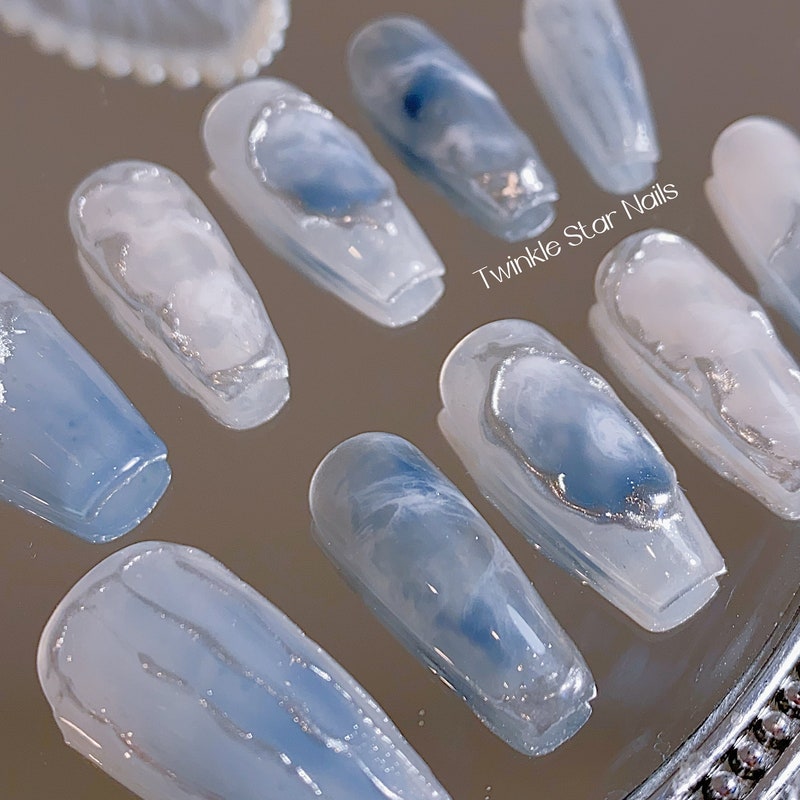 Blue Silver Nail Design - Etsy