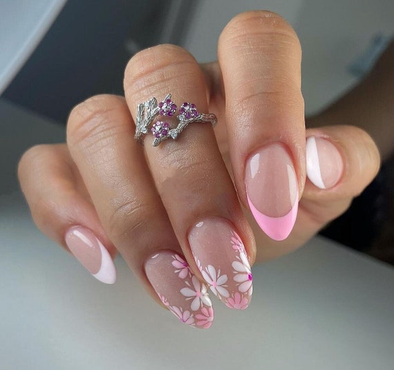 Pink and White Lace Flower Summer Nails High Quality Nails Solid Nails Faux Nails Unique Nail Design Inspo Nails Etsy