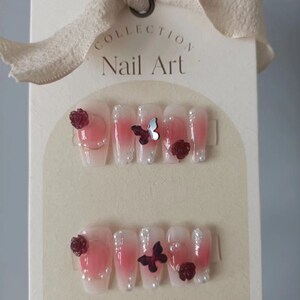 Deep Burgundy Flower on the Pearls Press on Nails | Elegant Nails ...