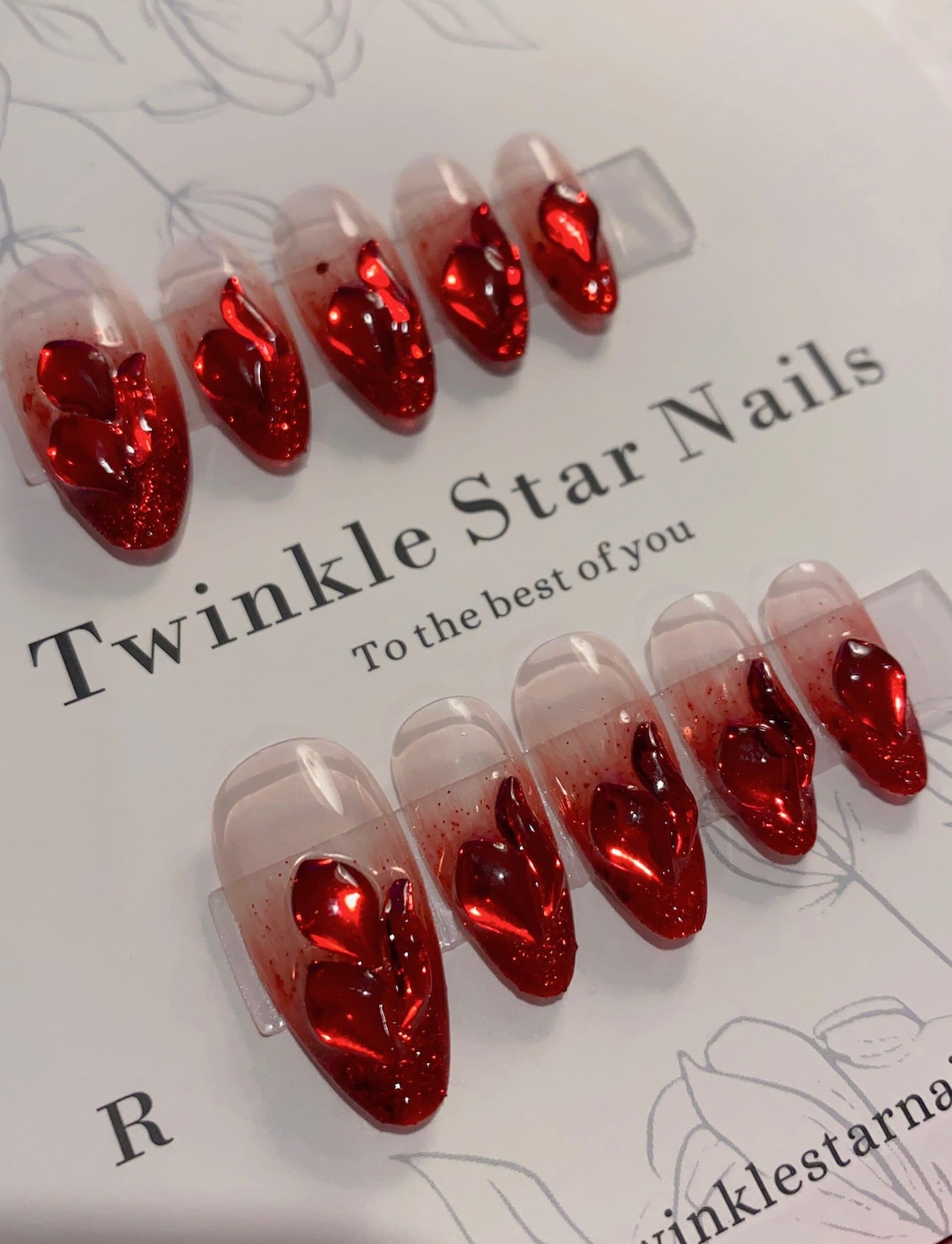 Deep Red Glitter Rhinestones Press on Nails | Christmas Nails | Party ...