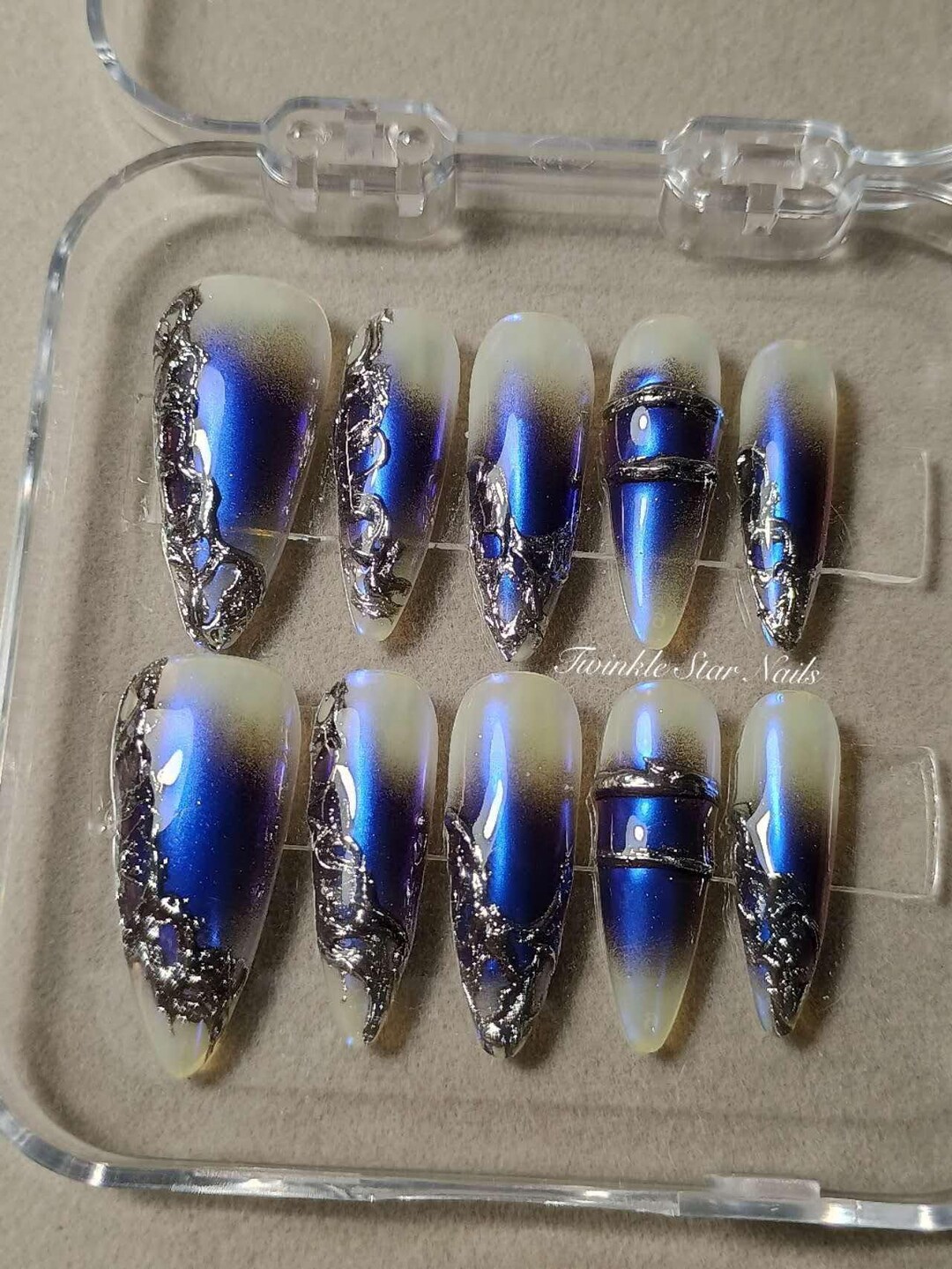 Glazed Deep Blue Silver Chrome Press on Nails | Reusable Sturdy Strong ...
