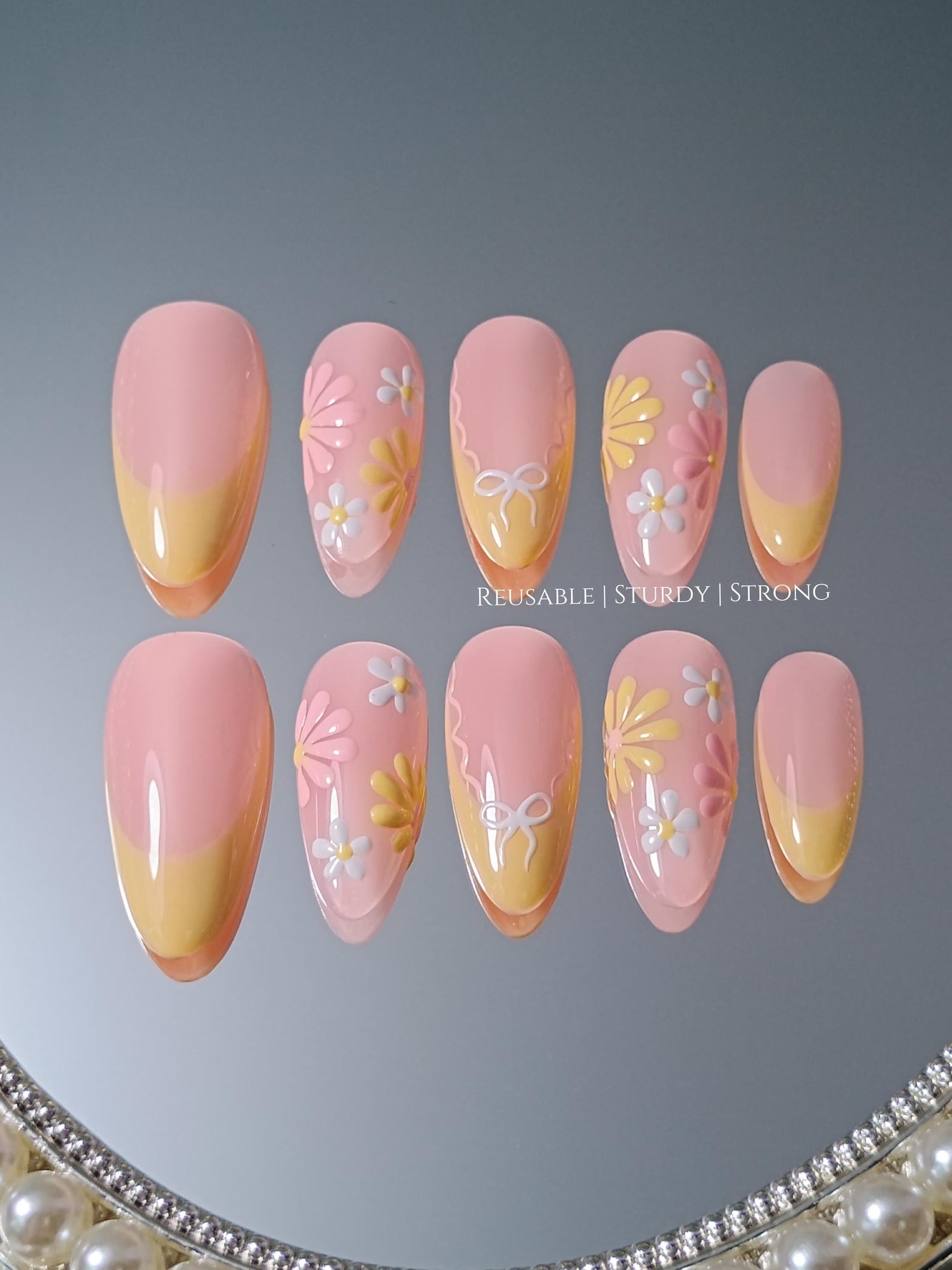 Pastel Blooming Daisy Petals Press on Nail, Soft Girl French Tip Fake ...