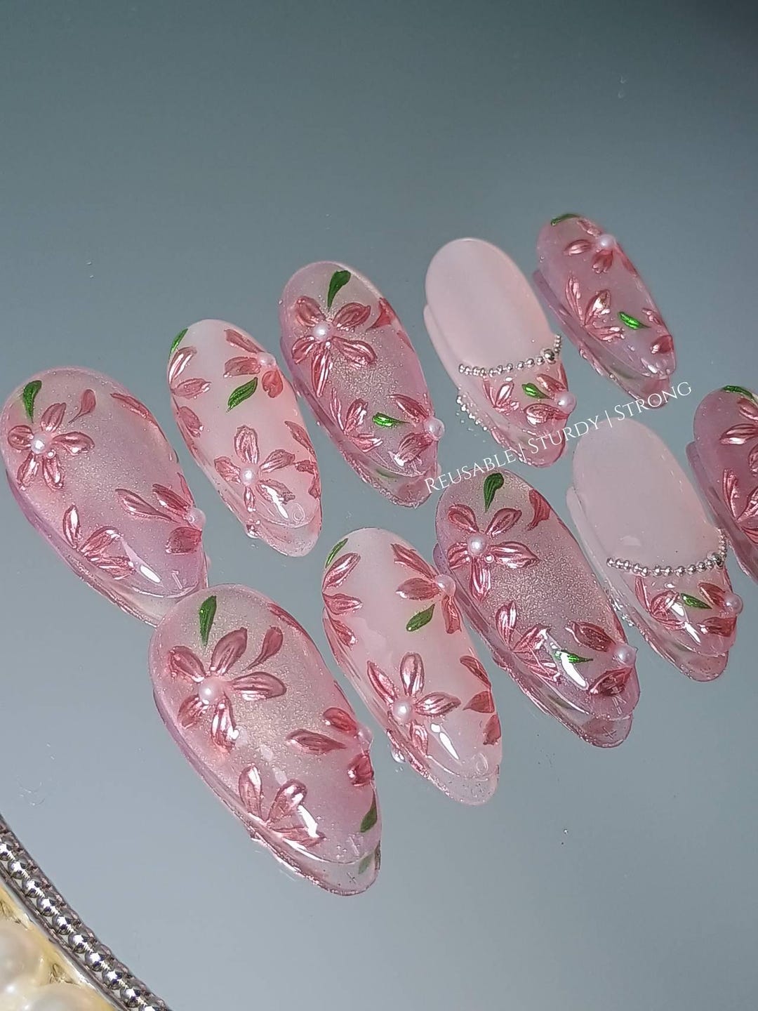 Rose Gold Allure Floral With Little Pearls | Reusable Nails | Strong ...