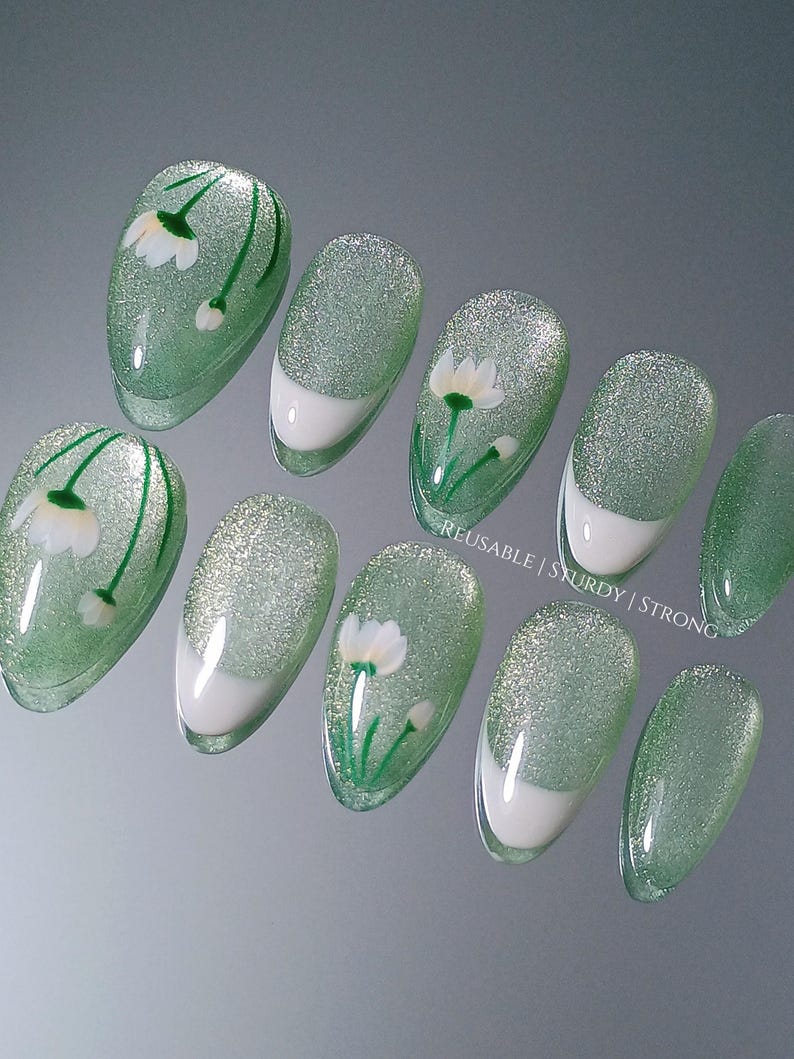 Icy Crystal Tulip Glow Press on Nails,white French Tip False Nails ...