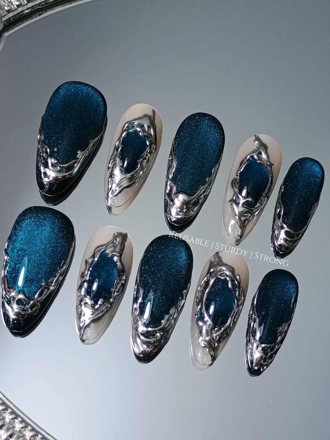 Watercolour Vintage Navy Blue Chrome Press on Nails | Reusable Nails ...