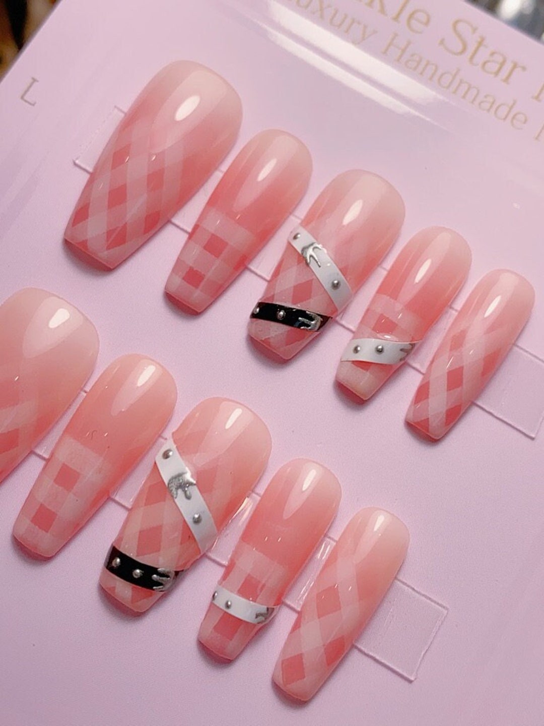 Pink Ombré, White X Black Belts | Unique Nail Design | Checkered Nails ...