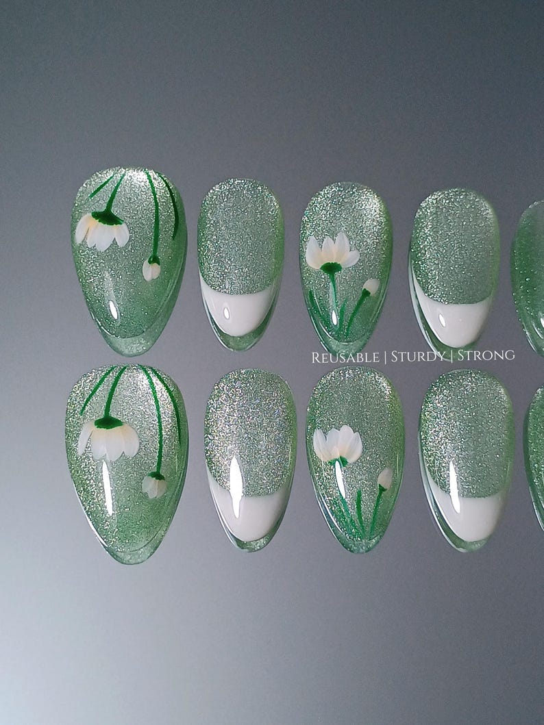 Icy Crystal Tulip Glow Press on Nails,white French Tip False Nails ...