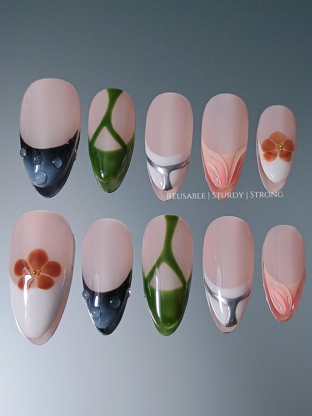Modern Garden Mix Art Chrome Curve & Petal Touch Set Nails - Etsy