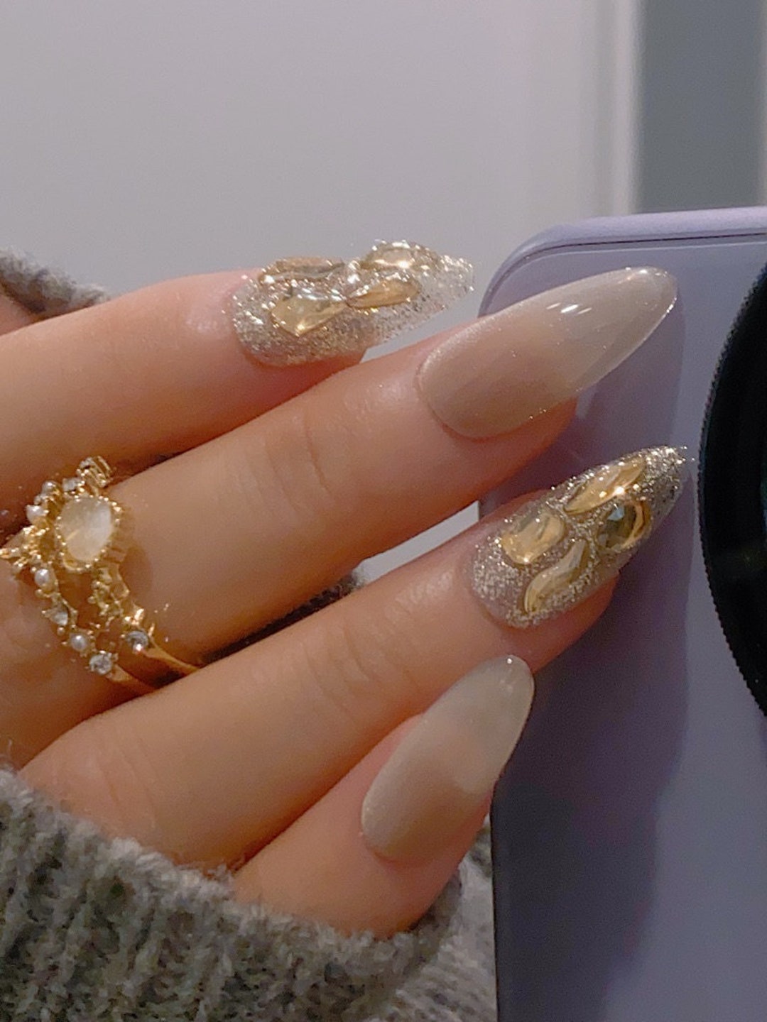 Glazed Champagne With Gold Rhinestone Nails | Luxury Nails | Party ...