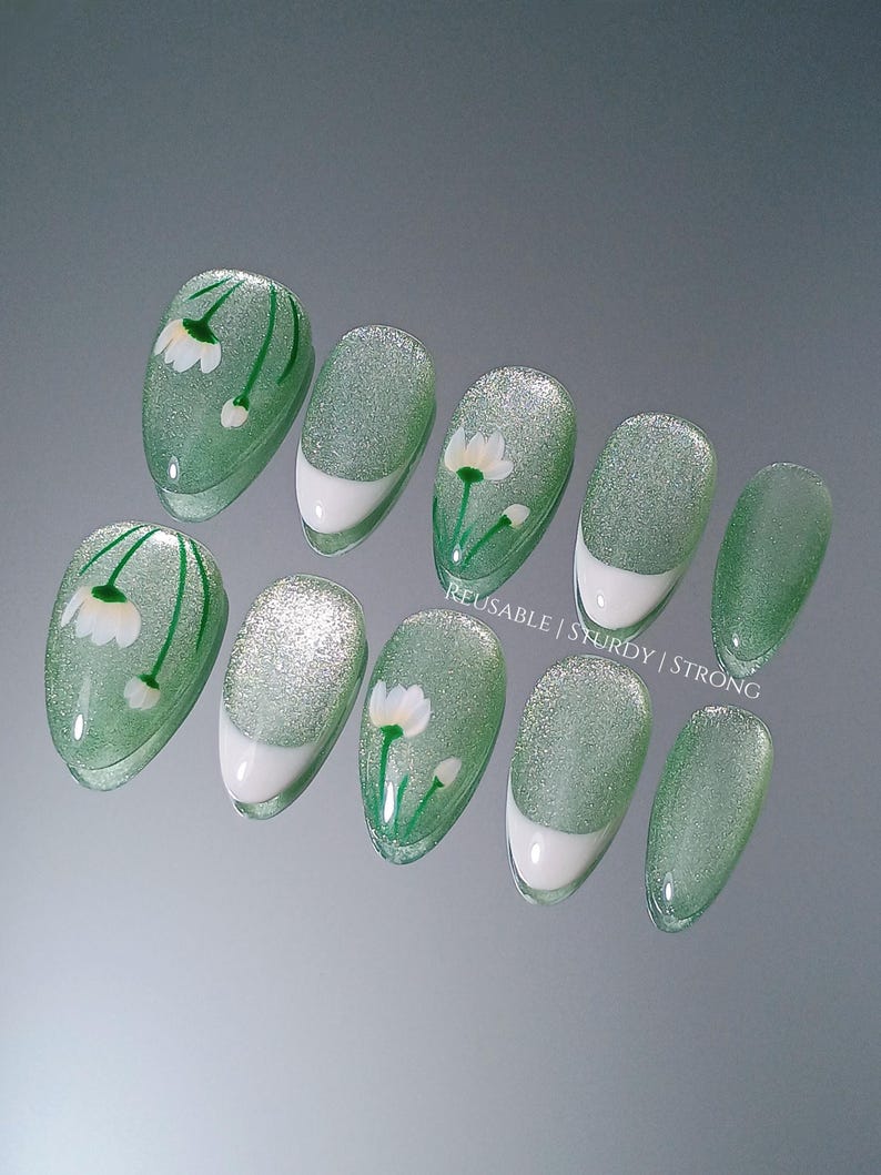 Icy Crystal Tulip Glow Press on Nails,white French Tip False Nails ...
