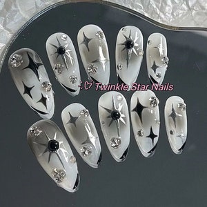 Y2K Black Airbrushed and Silver Stars Press on Nails | Cool Nails ...