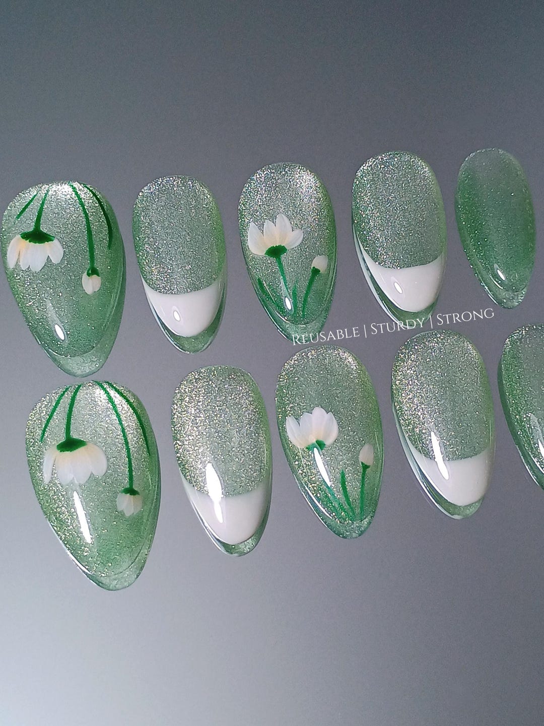 Icy Crystal Tulip Glow Press on Nails,white French Tip False Nails ...