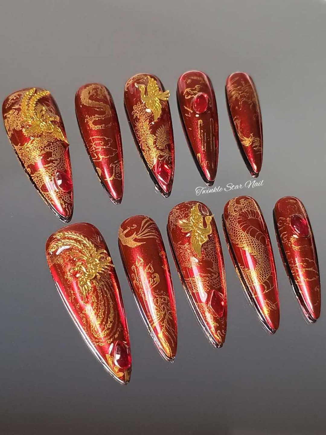 Red Metallic Golden Dragon Nails / Strong Gel Nails / Summer Nails ...
