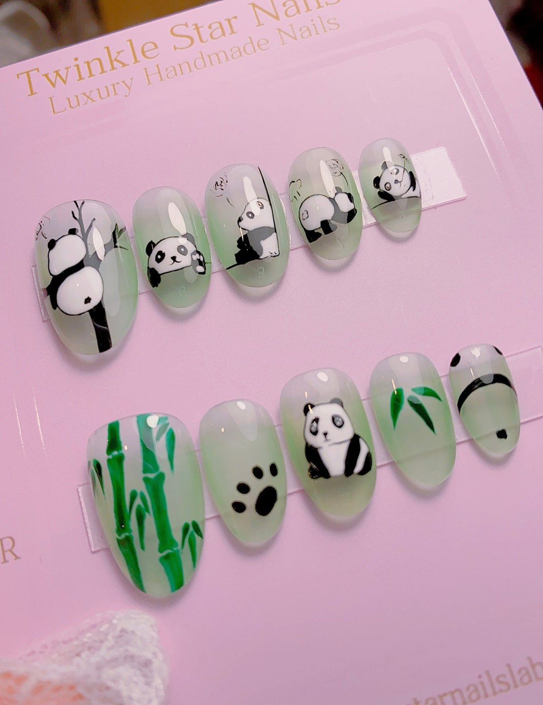 Cute Panda and Bamboo Press on Nails | 100% HAND PAINTED | Gel Nails ...