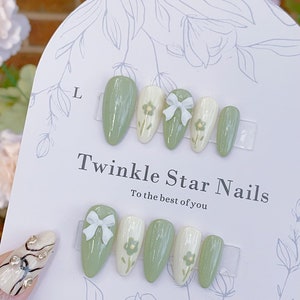 Sage Green Flower and White Ribbon / Durable Nails / Premium Nails ...