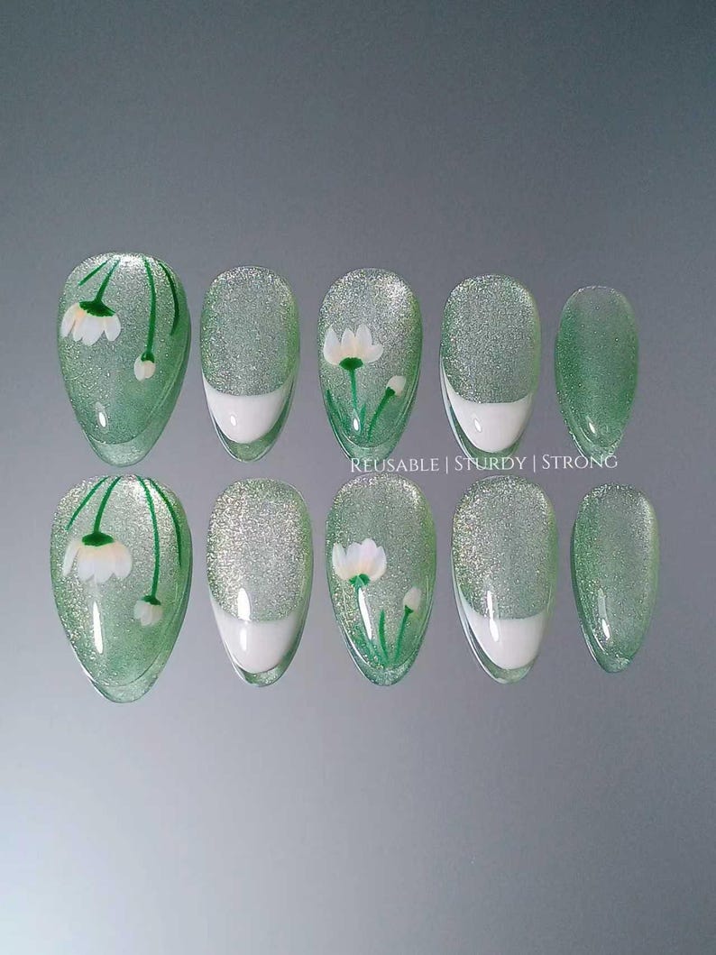 Icy Crystal Tulip Glow Press on Nails,white French Tip False Nails ...