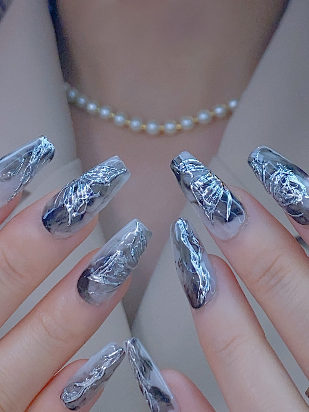 Black Ombre and Silver Butterfly Press on Nails | Chrome Nails | Faux ...