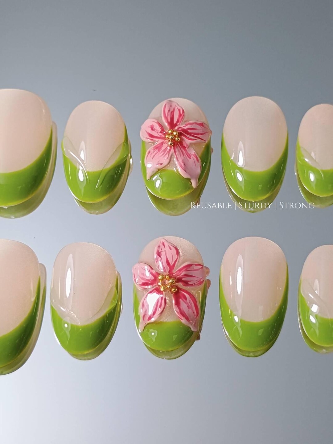 Short 3D Freestyle Leafy Blossom French Tips | Premium Nails, Holiday ...