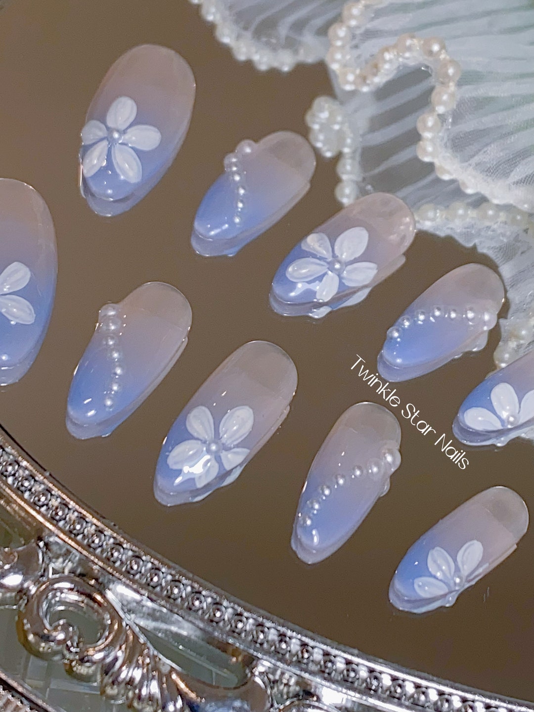 Elegant Ombré Light Blue Flower Press on Nails | Hand-painted Nails ...